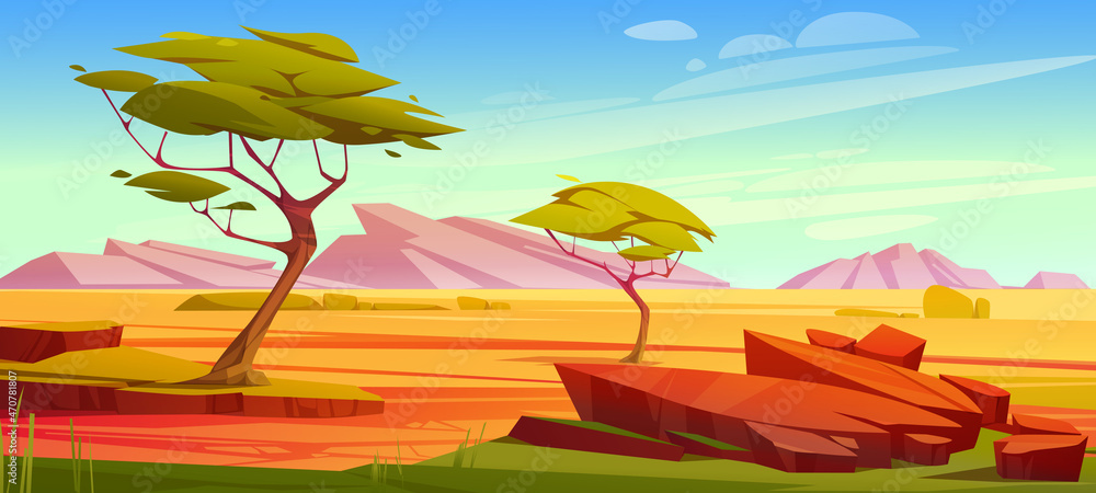 African savannah landscape, wild nature of Africa, cartoon background ...