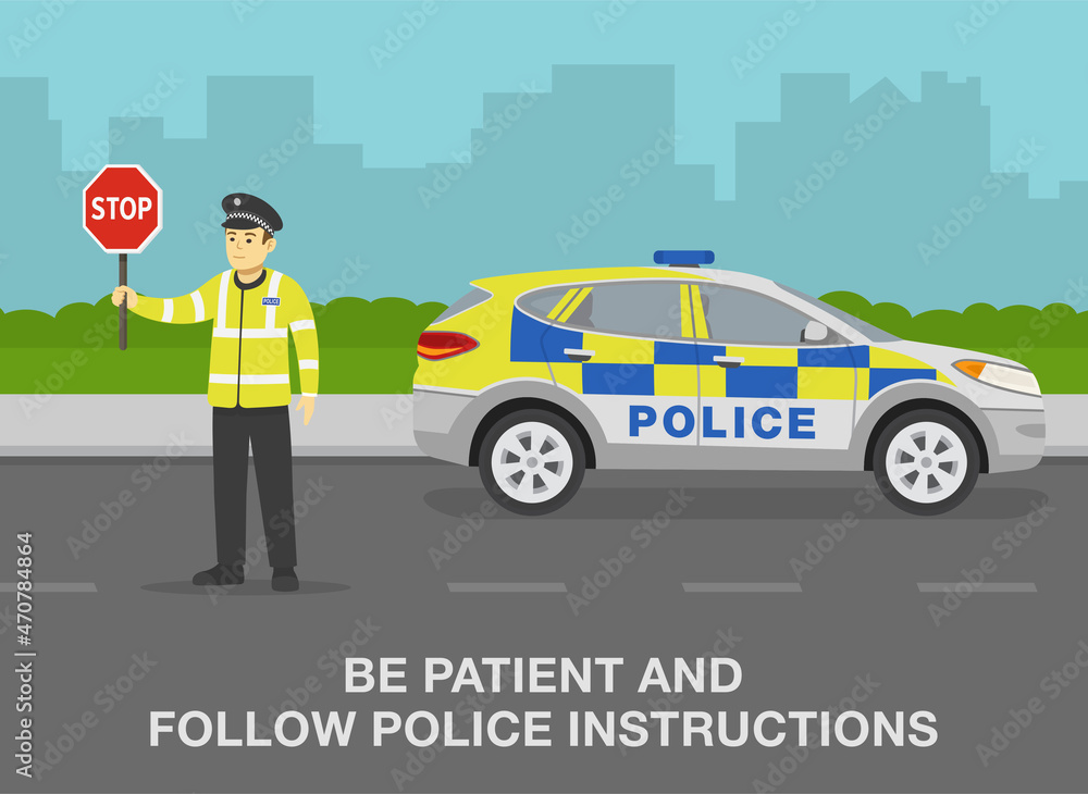 British traffic police officer holding a stop sign. Police suv car on ...