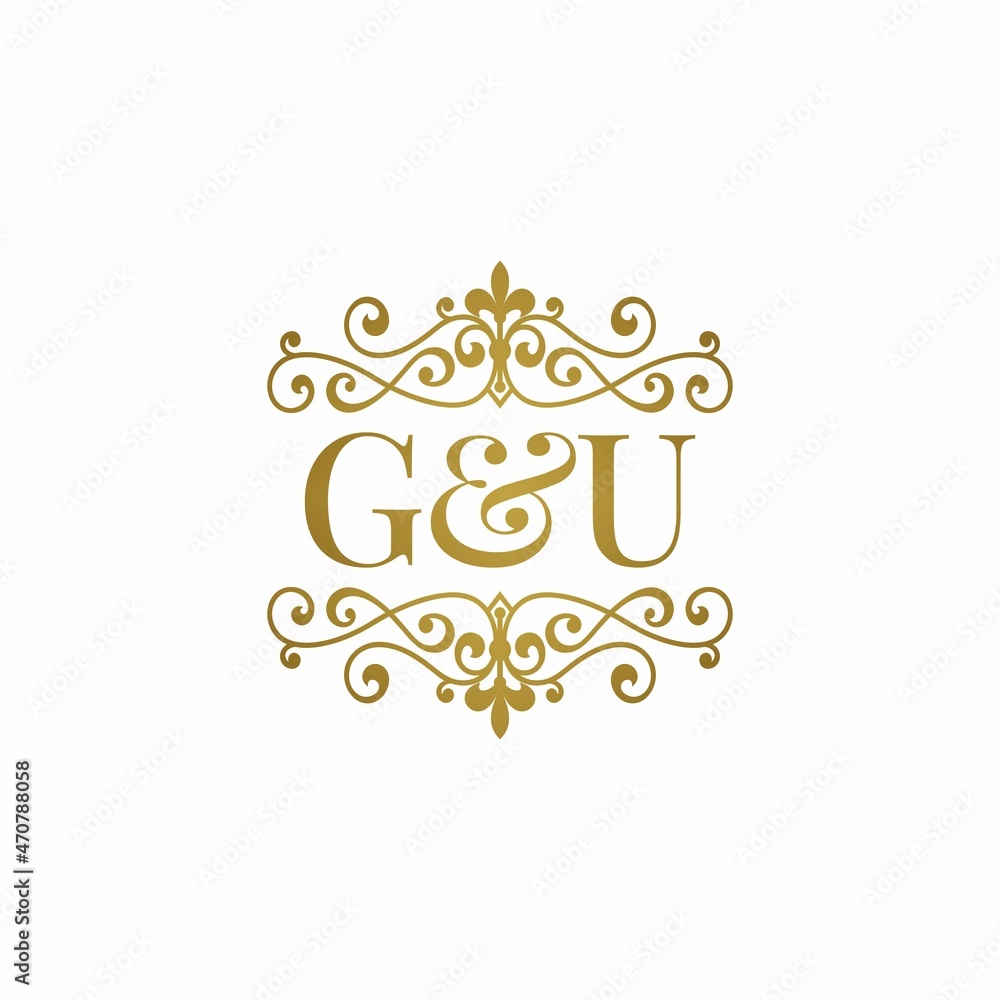 G&U initials logo ornament gold. Letter GU wedding ampersand or ...