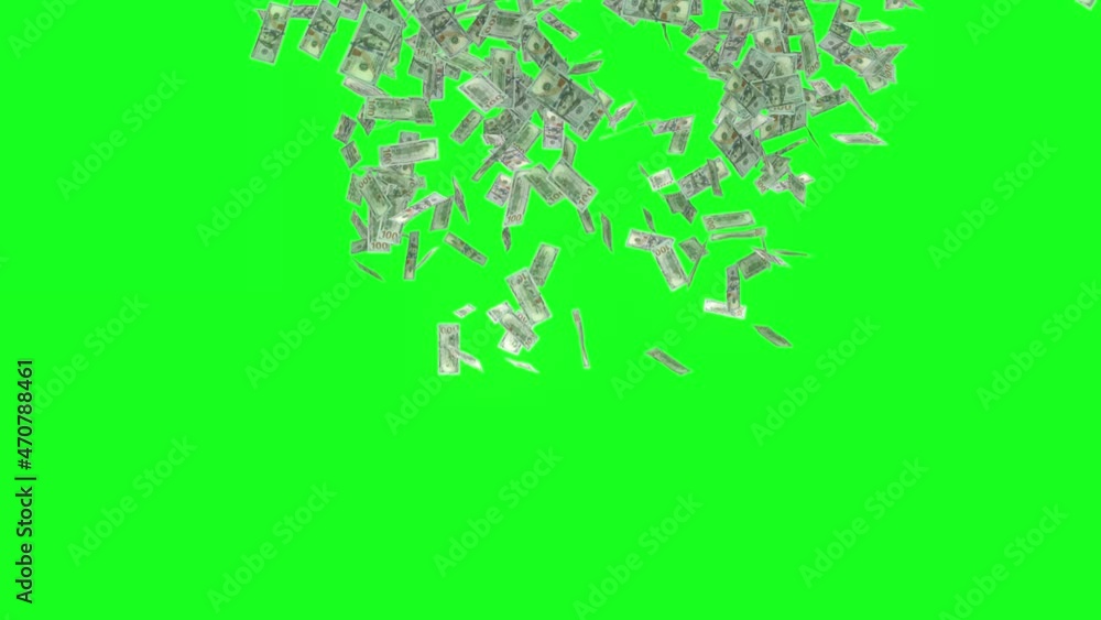 Animation of dollar bills falling on a green screen or color key ...
