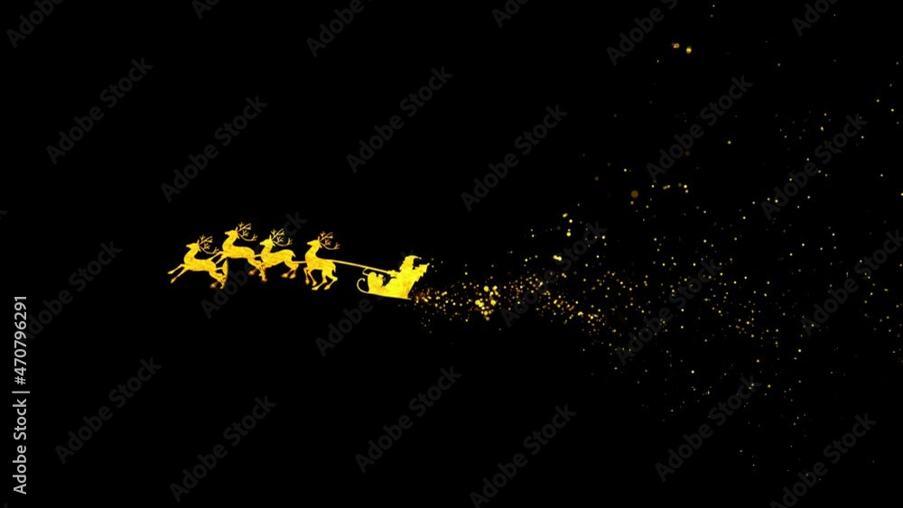 santa claus and his reindeer flying on black background leaves behind ...