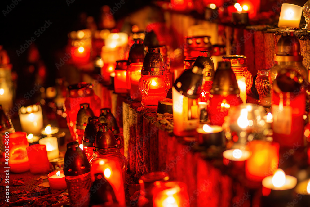 Candles in the cemetery. 1st November. Feast of All Saints. Hallowmas ...