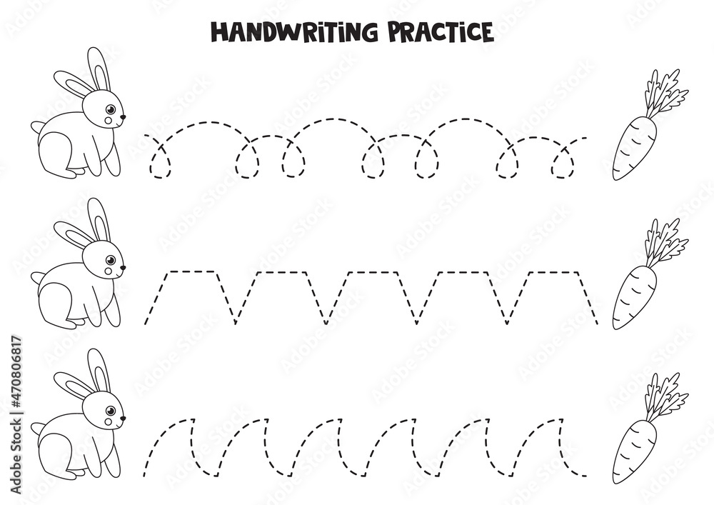 Tracing lines with cute rabbits and carrots. Writing practice. Stock ...
