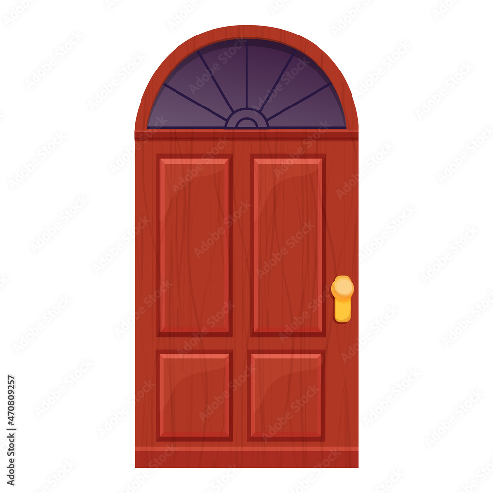 Arch wooden door, front entrance with window, textured in cartoon style ...