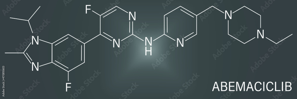Abemaciclib cancer drug molecule (CDK inhibitor). Skeletal formula ...