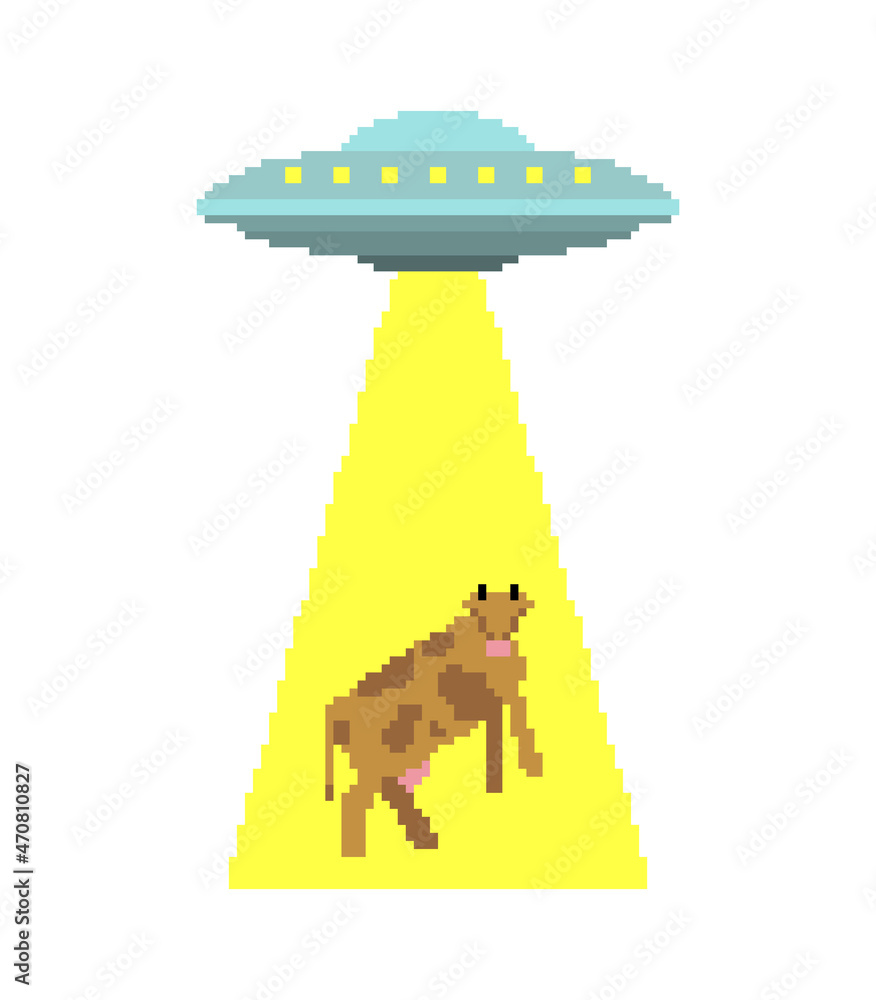 Ufo steals cow pixel art. pixelated Alien flying saucer and cows 8 bit ...