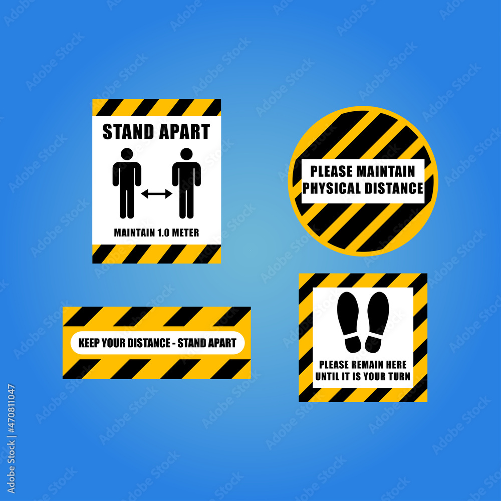 keep safe distance signage icon and stickers. Please wait here and 1 ...