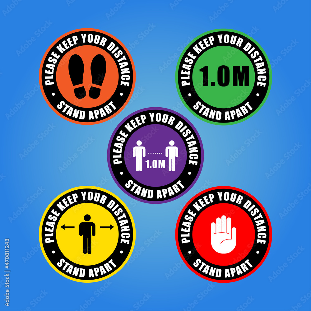 keep safe distance signage icon and stickers. Please wait here and 1 ...