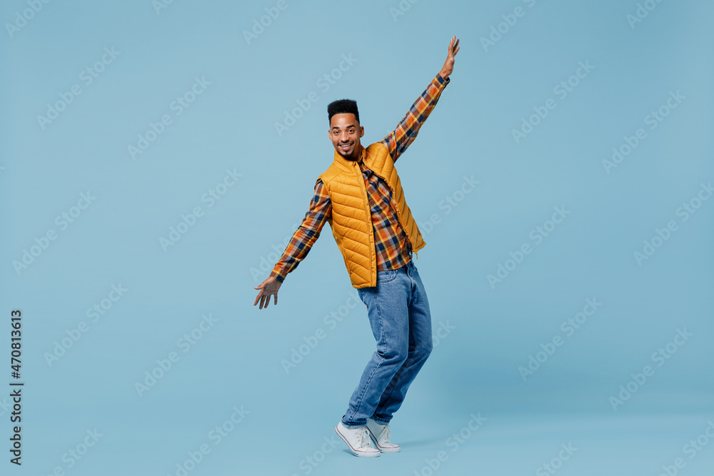 Full size body length happy young black man 20s wears yellow waistcoat ...