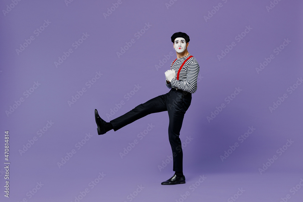 Full size body length side view profile amusing young mime man with ...