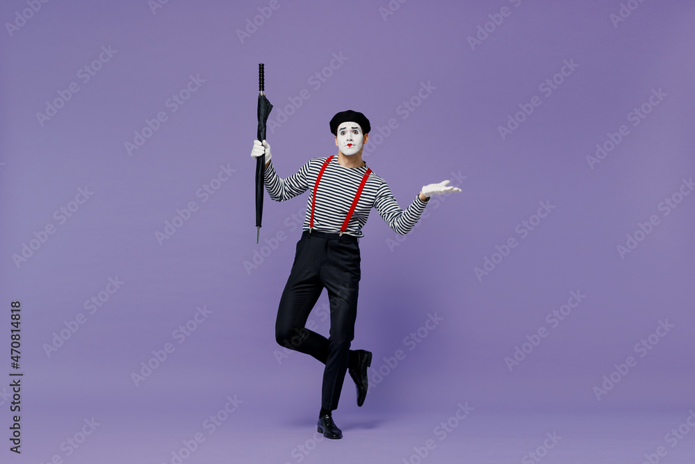 Full size young mime man with white face mask wears striped shirt beret ...