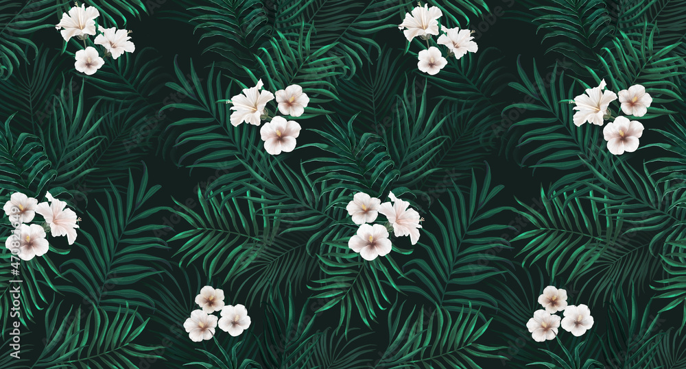 Tropical exotic seamless pattern with white flowers in tropical leaves ...
