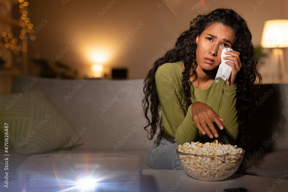Depressed Woman Crying Watching Sad Movie Wiping Tears At Home Stock ...