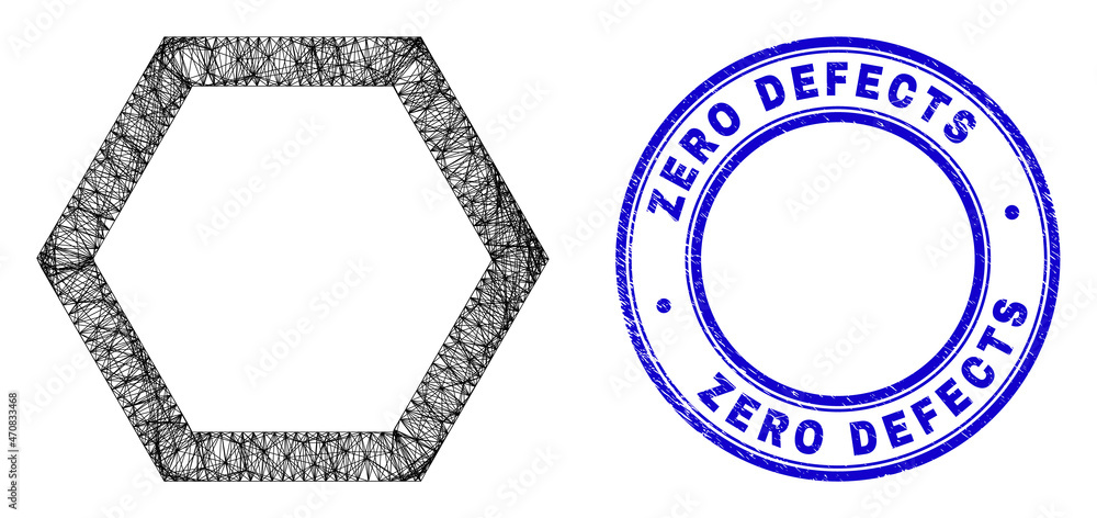 Carcass irregular mesh empty hexagon icon with Zero Defects grunge ...