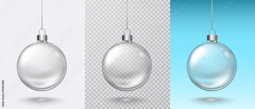 Christmas tree empty ball isolated on light, transparent and blue ...