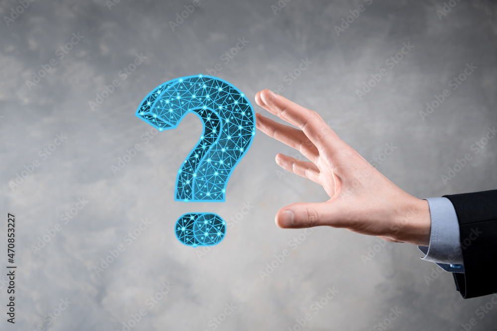 Question mark. 3d abstract on dark background with dots and stars. Ask ...