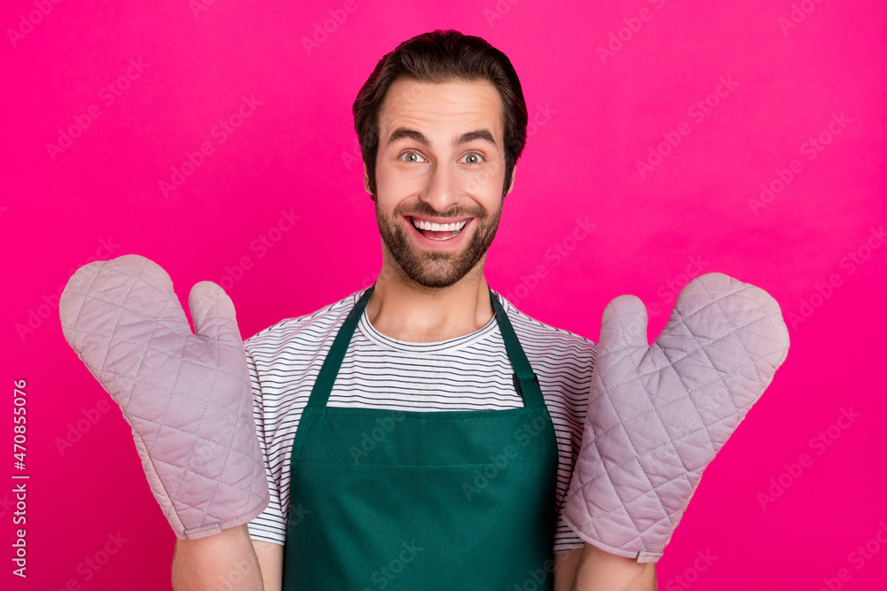 Photo of excited surprised man raise hands sale reaction wear gloves ...