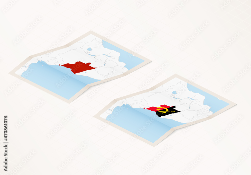 Two versions of a folded map of Angola with the flag of the country of ...