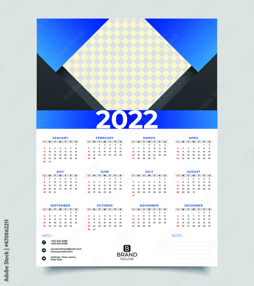 Black and Blue colour wall annual calendar 2022 year design template ...