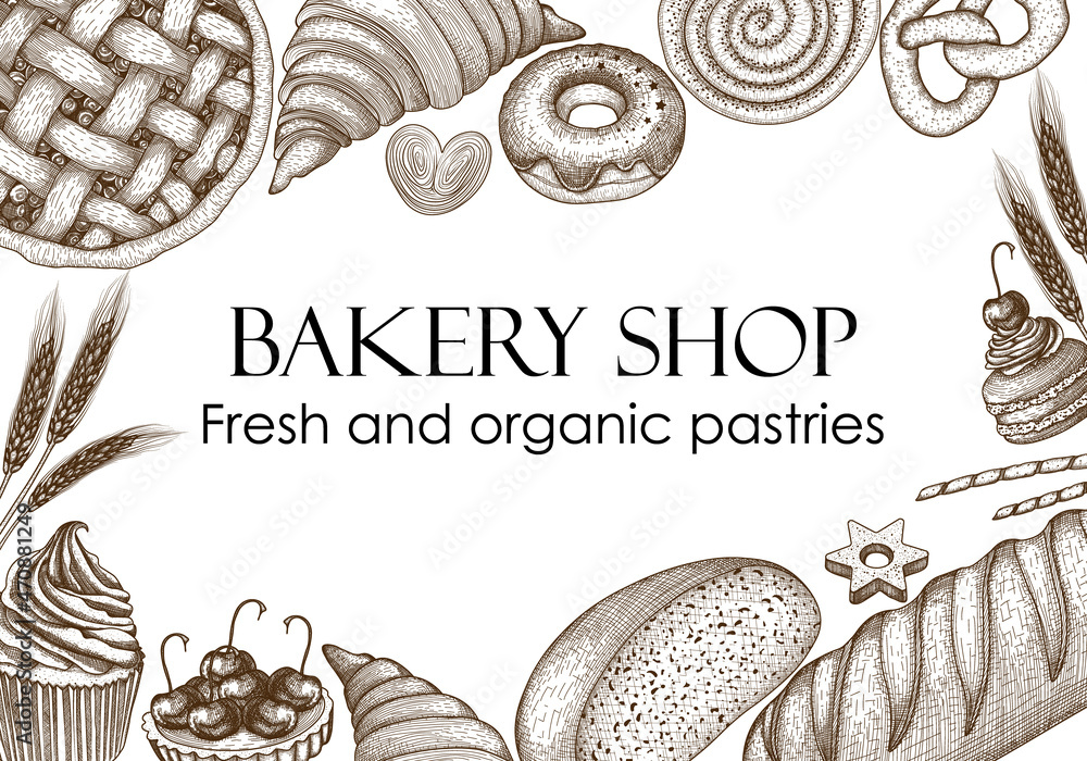 Vector horizontal banner template for a bakery with graphic linear ...