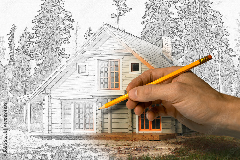house project drawing - architect draws wooden lodge with pencil Stock ...