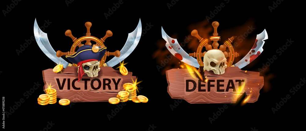 Victory defeat game pirate badge, vector winner UI achievement rank ...