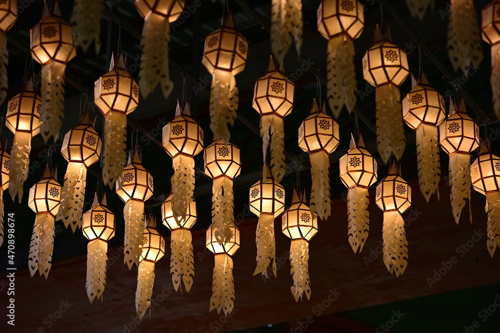 Beautiful Lana lanterns Illuminated lights hanging on the structure ...
