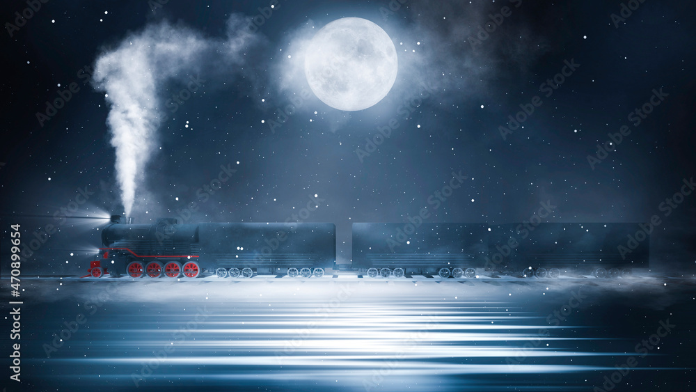 ภาพประกอบสต็อก Night fantasy landscape with a train in a dark forest. A ...