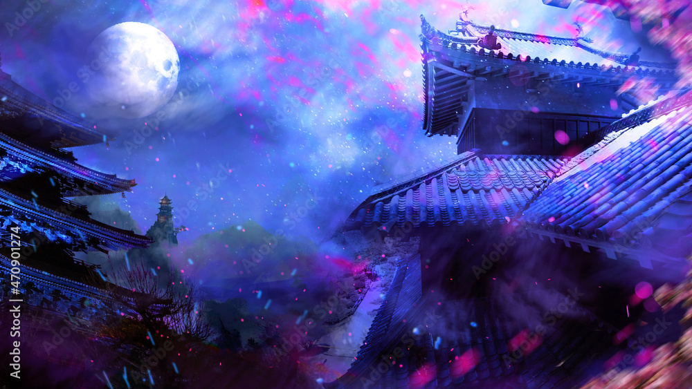 a beautiful old Japanese castle with a bamboo roof on a rock in the ...