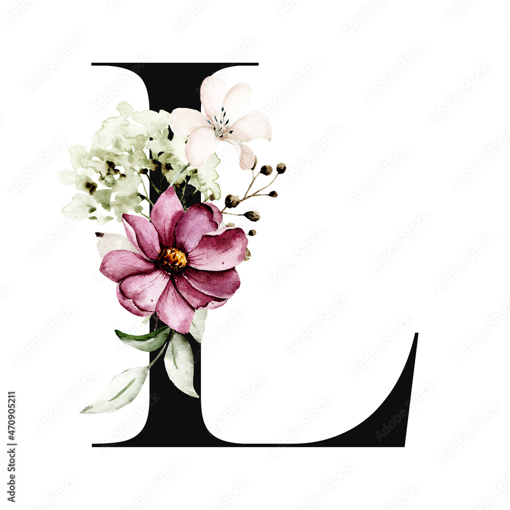 Floral alphabet, letter l with watercolor flowers and leaf. Monogram ...