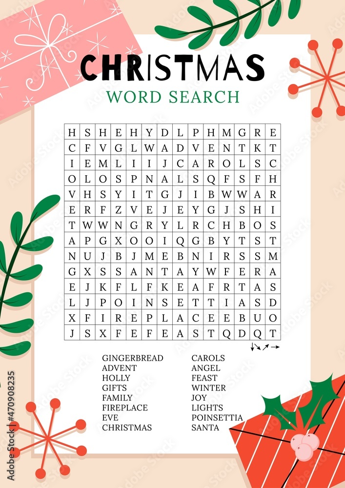 Christmas word search puzzle. Holiday crossword worksheet, find 16 ...