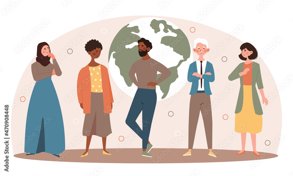 Vetor de International men and women are standing with globe behind ...