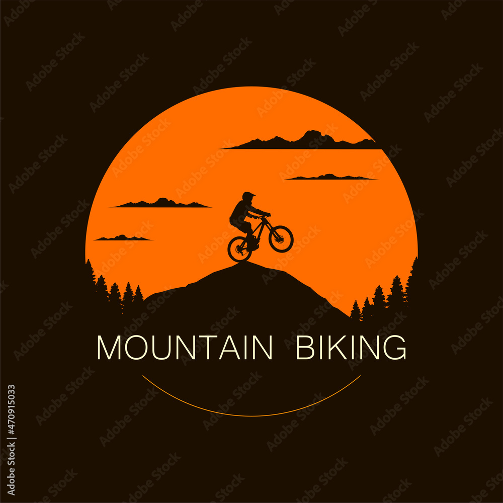 Round mountain bike logo design with extreme cyclist on top of a hill ...
