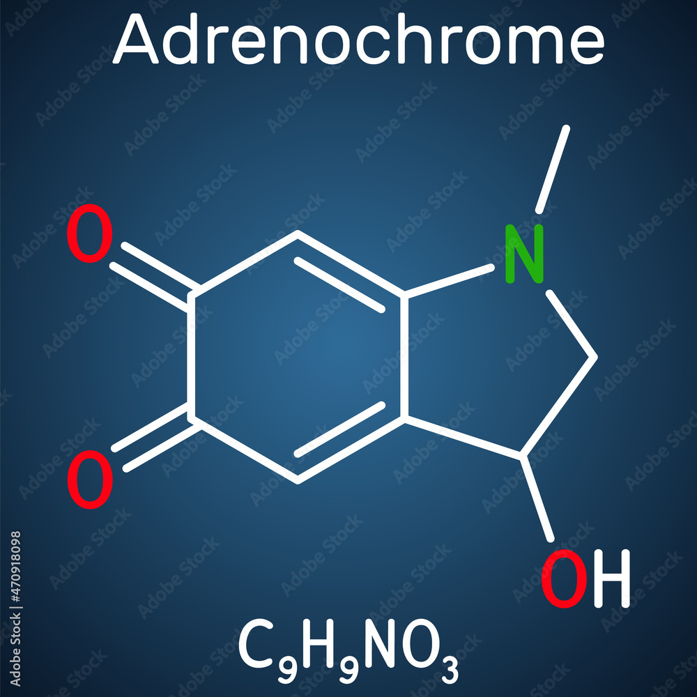 Adrenochrome, adraxone molecule. It is produced by the oxidation of adrenaline. Structural ...