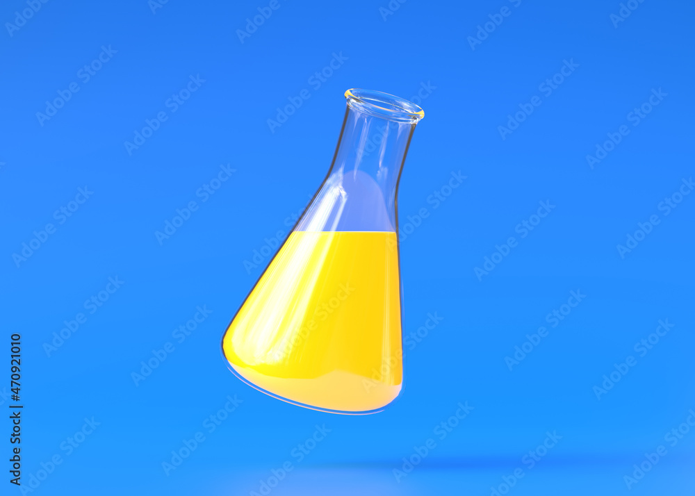 Erlenmeyer flask with yellow liquid flies on blue background. Chemistry ...