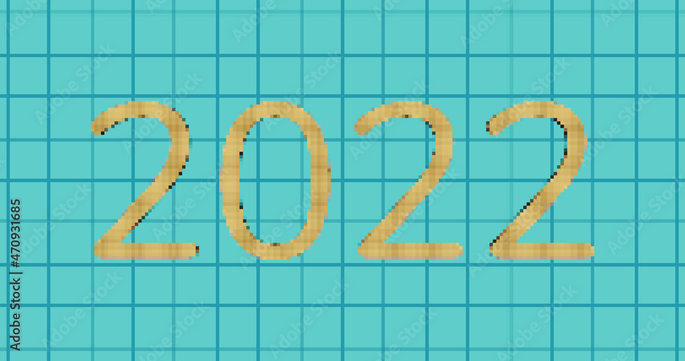 Render with the inscription 2022 in pixel art on a blue checkered ...