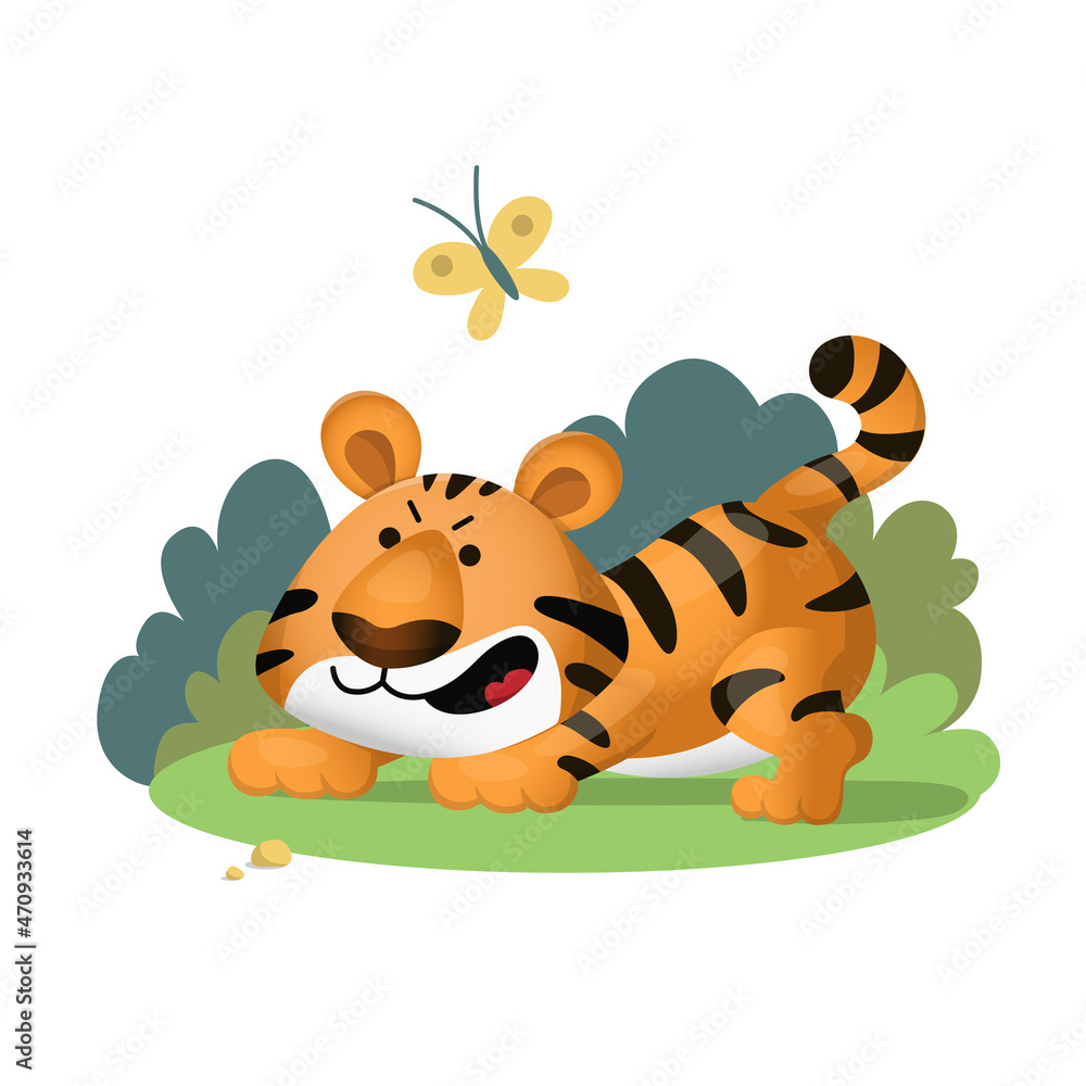The cute cartoon tiger roars angry and pretends to be a scary beast ...