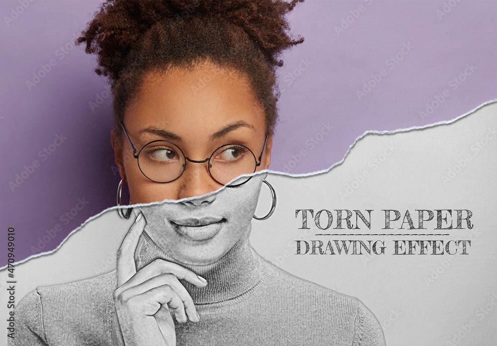 Torn Paper with Pencil Drawing Photo Effect Mockup Stock Template ...