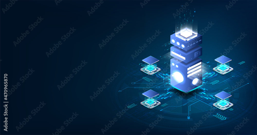 Blue banner Big data processing by the latest computer in isometric ...