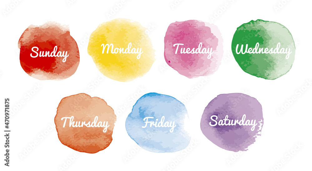 Days of the week design of watercolor on white background vector ...