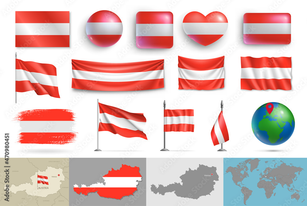 Austria flags of various shapes and geographic map set. Realistic ...