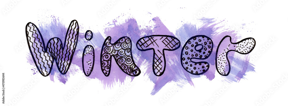 Black line art lettering Winter text on white background and watercolor ...