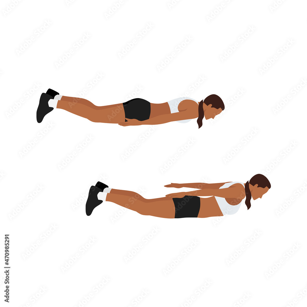 Woman doing Prone back extension exercise. Flat vector illustration ...