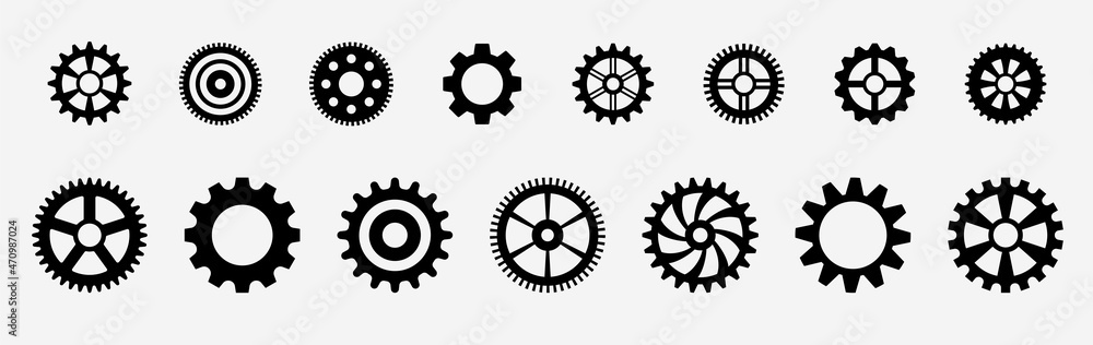 Setting Gear icon set. Black gear wheel icons on white background ...