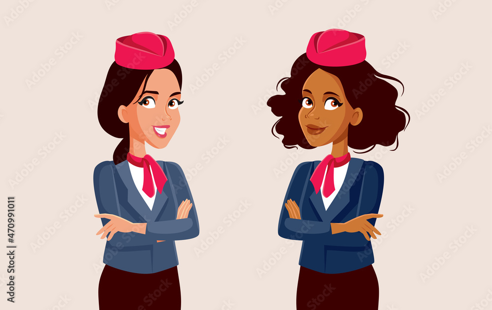 Air Hostesses Standing Together Greeting Passengers Vector Cartoon ...