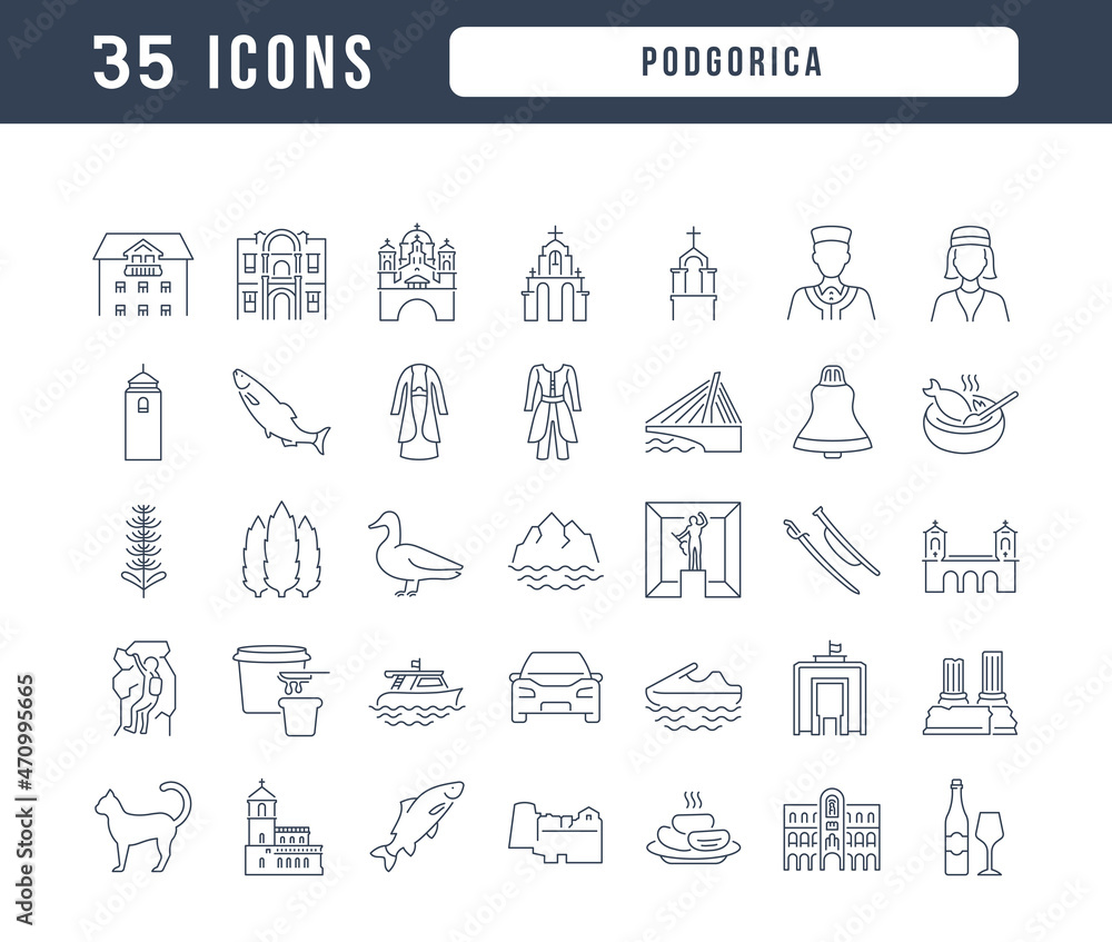 Podgorica. Collection of perfectly thin icons for web design, app, and ...