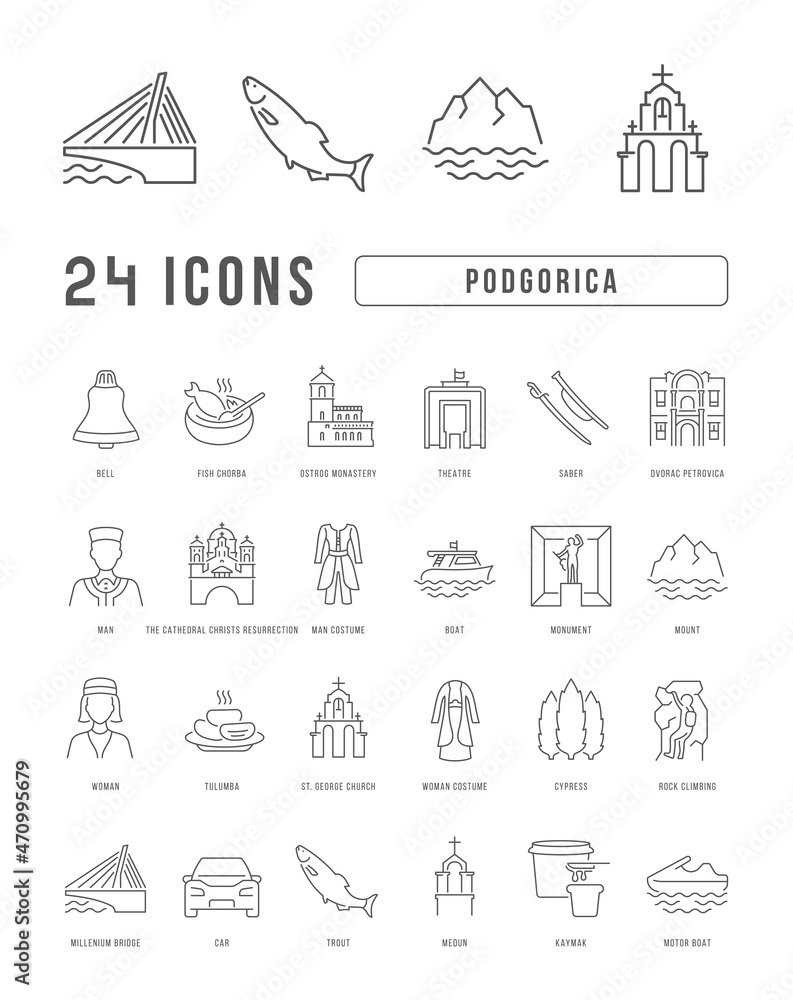 Podgorica. Collection of perfectly thin icons for web design, app, and ...