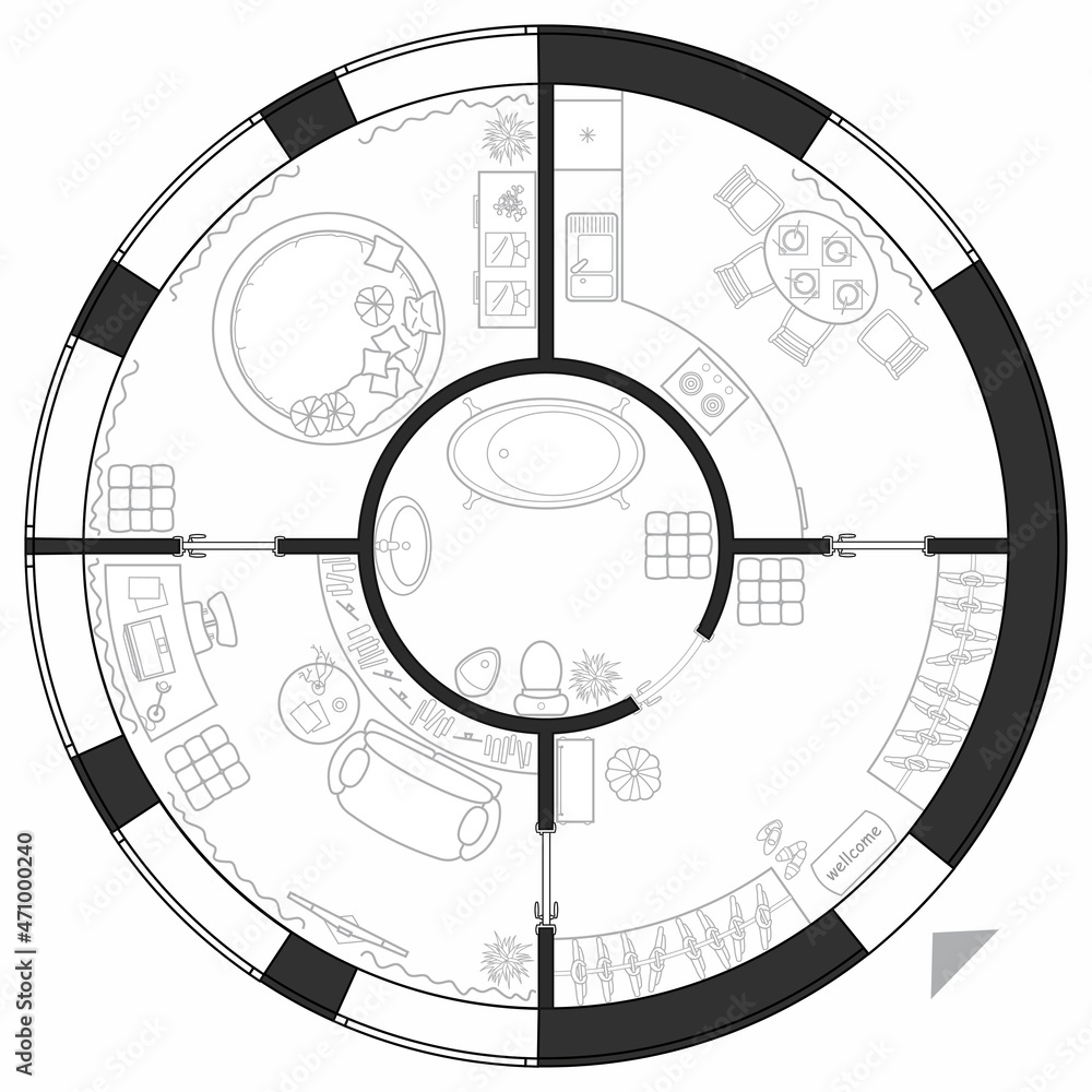 Architectural plan of round studio apartment with kitchen and bedroom ...