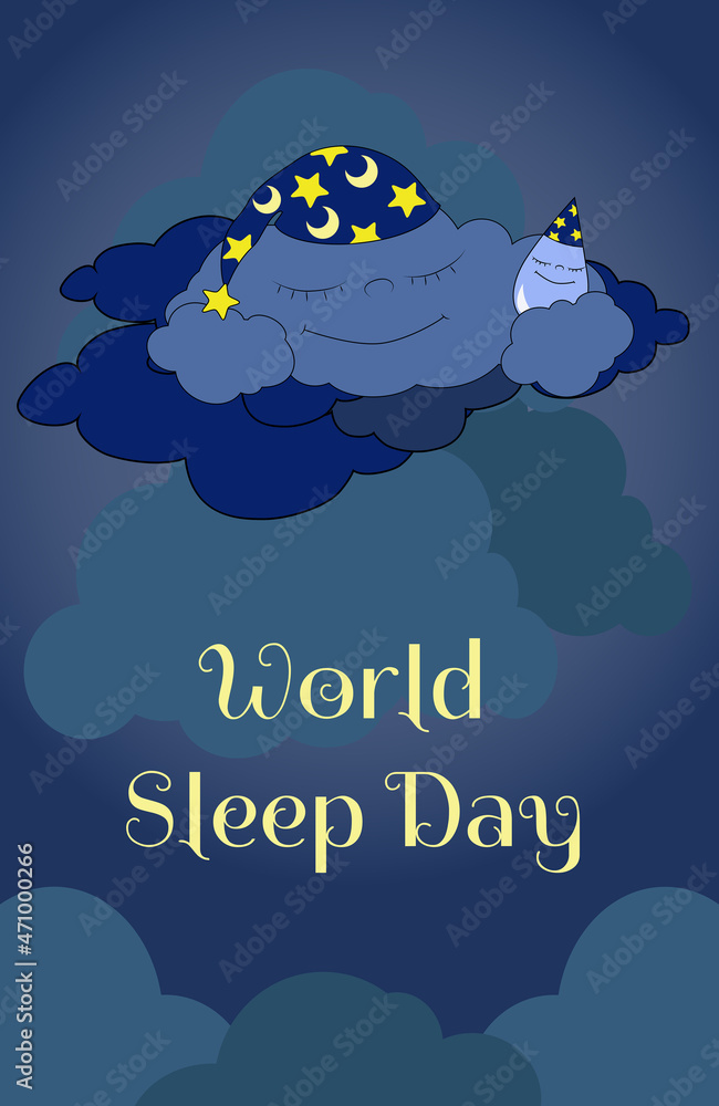 Vertical postcard World Sleep Day.The cartoon thundercloud in a ...