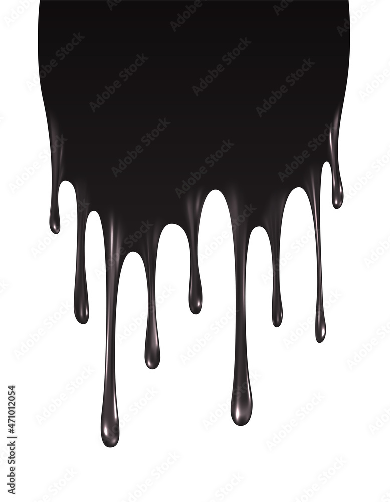 Realistic black paint drips isolated on a white background. The flowing ...